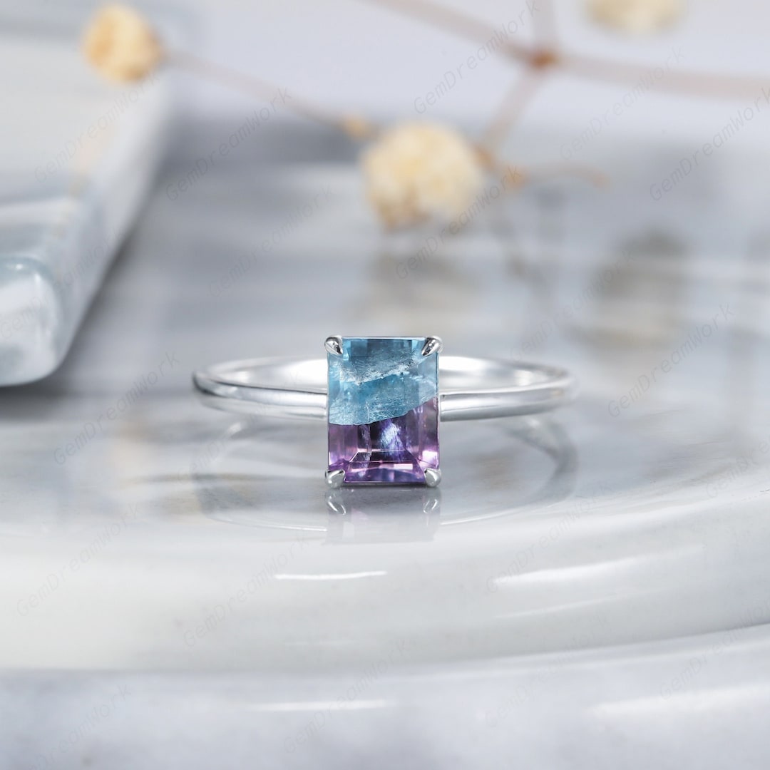 Vintage Bicolor Fluorite Solitaire Engagement Ring, Unique Emerald Cut ...