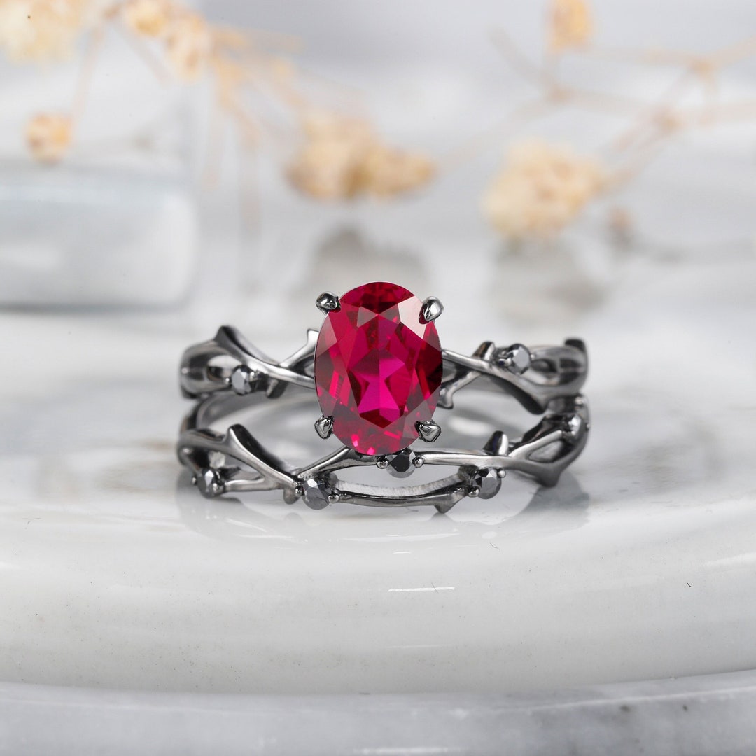 Vintage Black Gold Twig Branch Oval Ruby Bridal Set, Black Diamond or ...