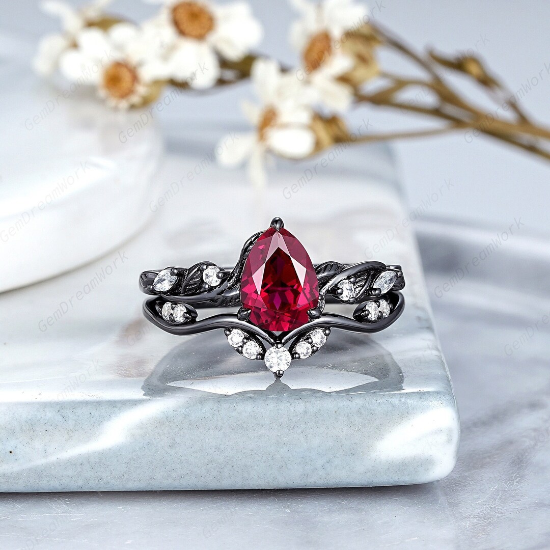 Gothic Black Gold Ruby Engagement Ring Set, Unique Pear Shape Ruby ...
