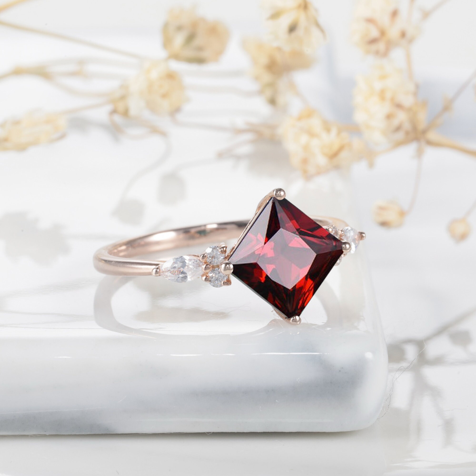 Vintage Princess Cut Garnet Engagement Ring, Unique Rose Gold /silver ...