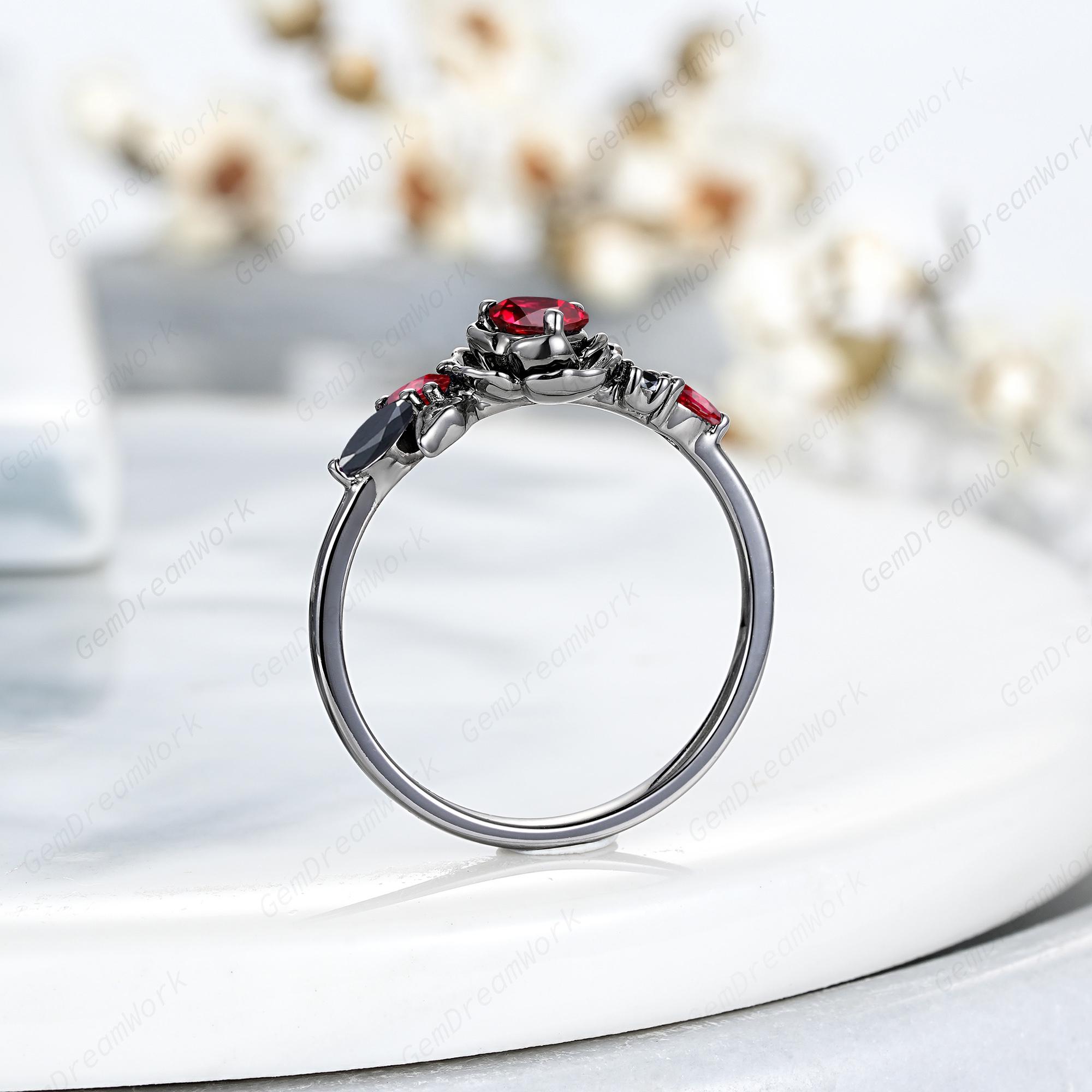 Custom Ruby Rose Flower Engagement Ring Vintage Nature Inspired Leaf ...