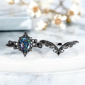 Unique Oval Black Opal Engagement Ring Set, Gothic Black Moissanite Halo Wedding Rings, Black ...