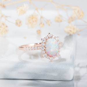 Vintage Oval Cut White Fire Opal Halo Moissanite Engagement Ring Unique ...