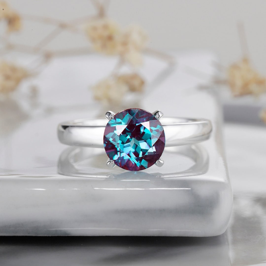 Vintage 18K White Gold Thick Band Alexandrite Solitaire Ring, Unique ...