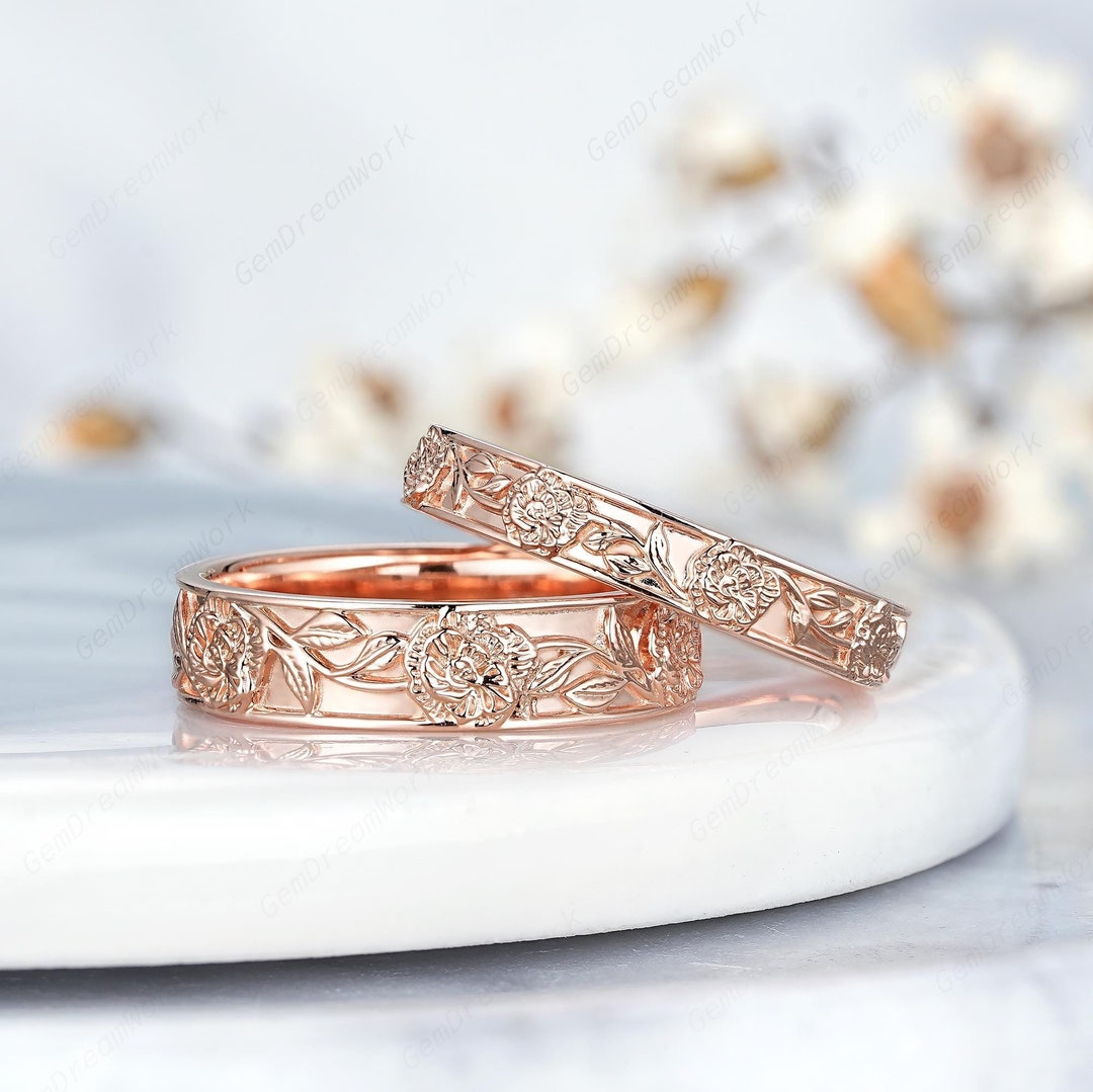 Vintage Rose Gold Carnation Couple Rings Set Nature Inspired Leaf ...