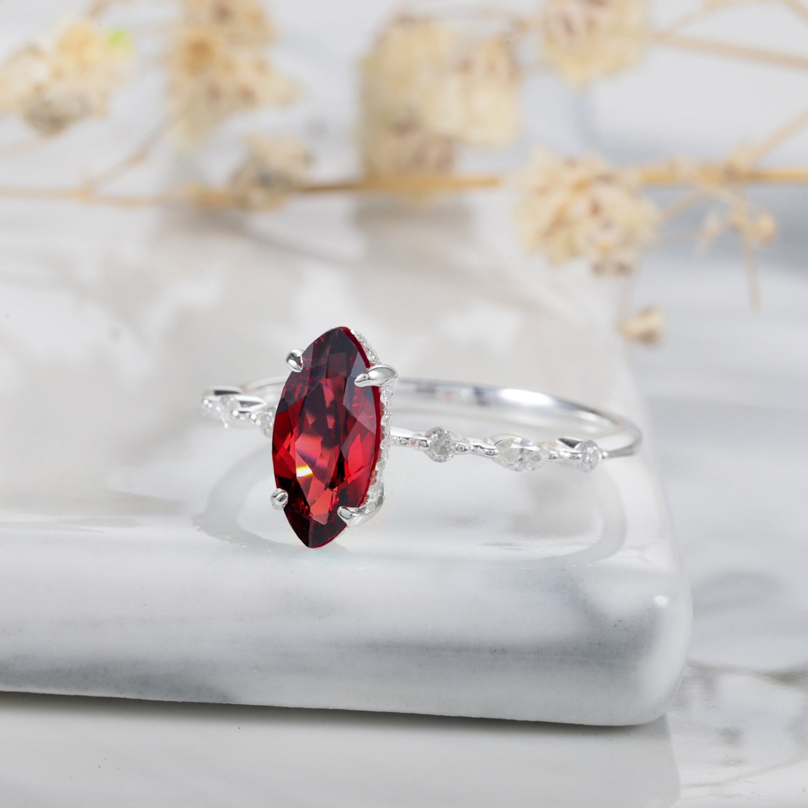 Vintage Marquise Garnet Engagement Ring Art Deco 14K White - Etsy