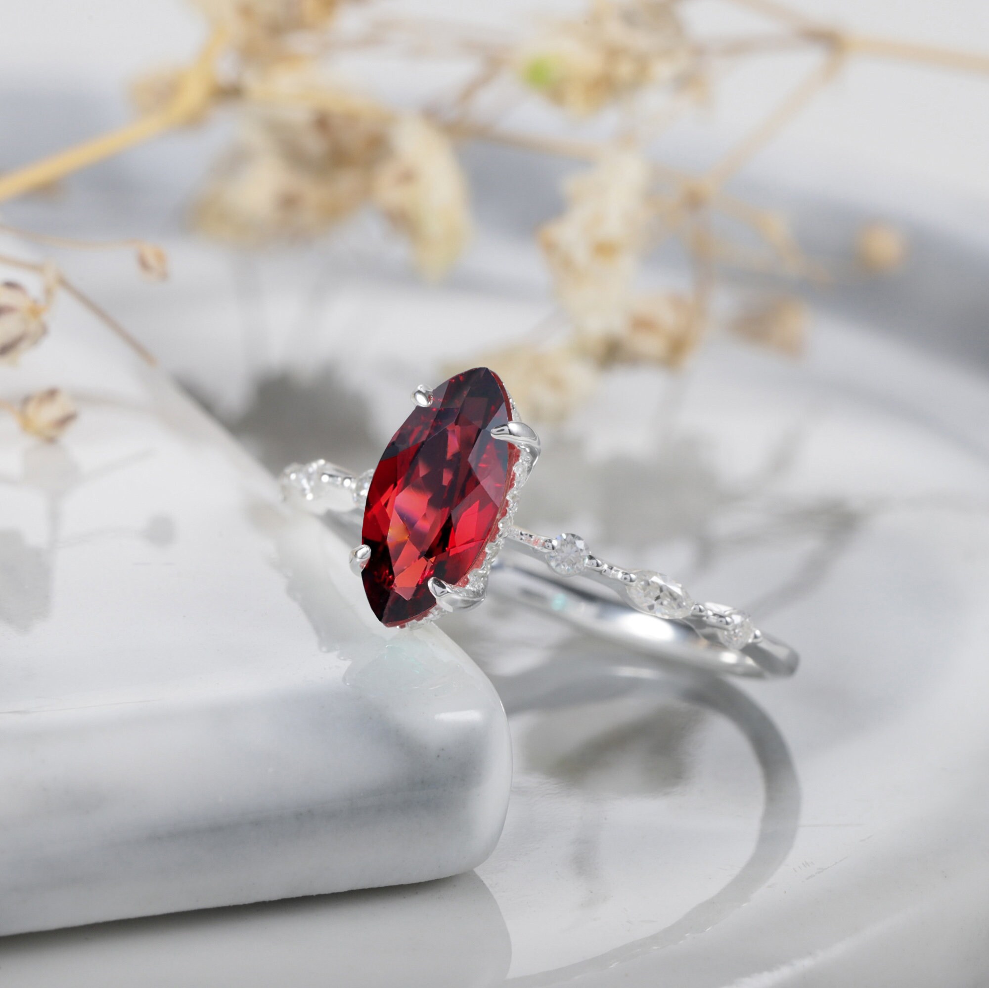 Vintage Marquise Garnet Engagement Ring Art Deco 14K White - Etsy