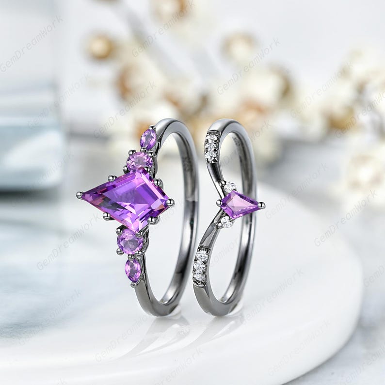 Kite Cut Amethyst Engagement Rings Black Gold Gothic Wedding Ring ...