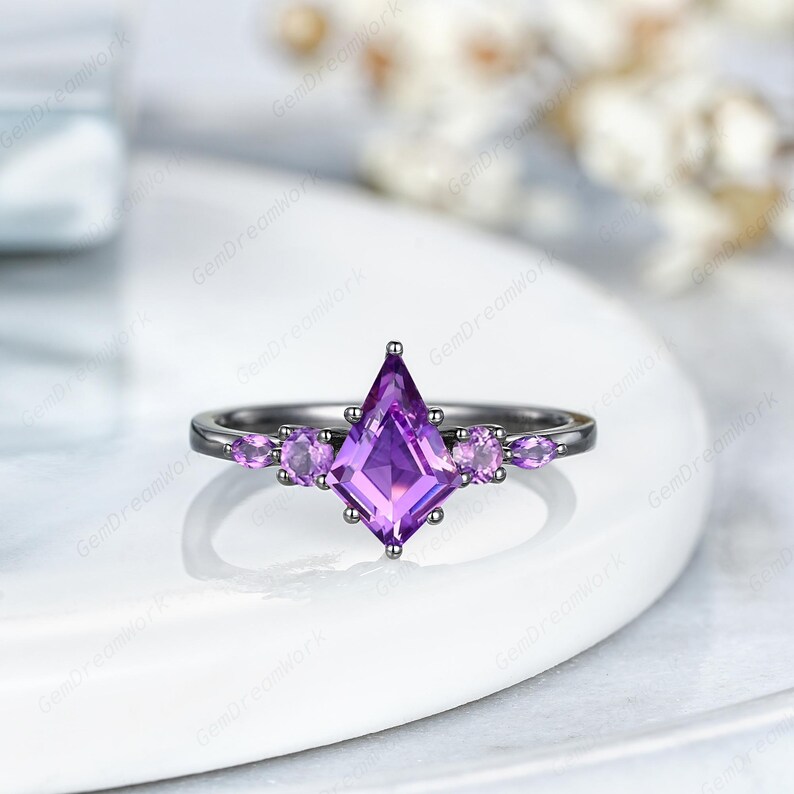 Kite Cut Amethyst Engagement Rings Black Gold Gothic Wedding Ring ...