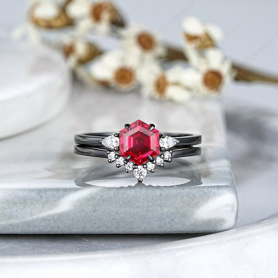 Black Gold Hexagon Ruby Engagement Ring Set, Unique Rhodium Black Ruby Promise Ring, Gothic Ruby ...