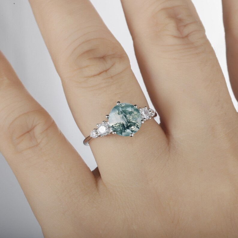 Round Cut Moss Agate Engagement Ring, Vintage Green Tree Agate Ring ...