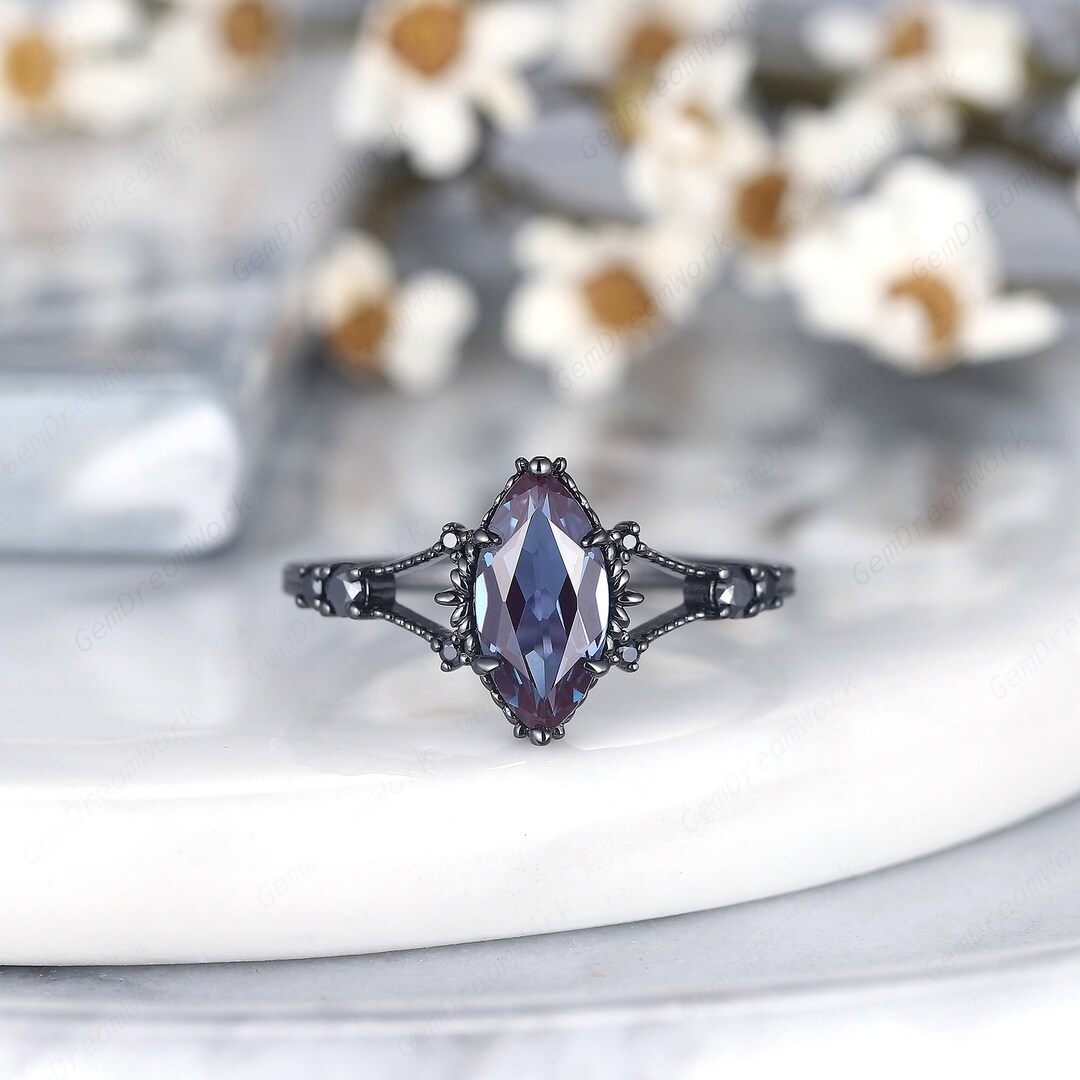 Black Gold Marquise Alexandrite Engagement Ring Custom Alexandrite ...