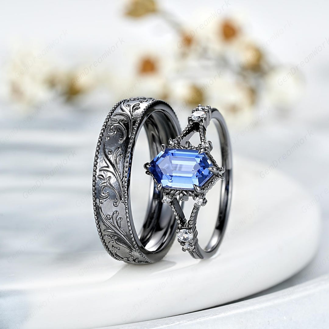 Black Gold Hexagon Blue Sapphire Couple Ring Set Gothic Promise Rings ...