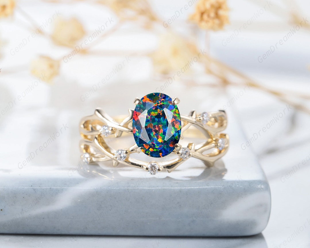 Oval Black Fire Opal Wedding Ring Set, Vintage Branch Design Moissanite ...