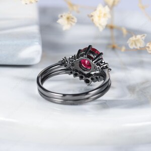 Vintage Round Ruby Black Engagement Ring Set, Unique Ruby and Black ...