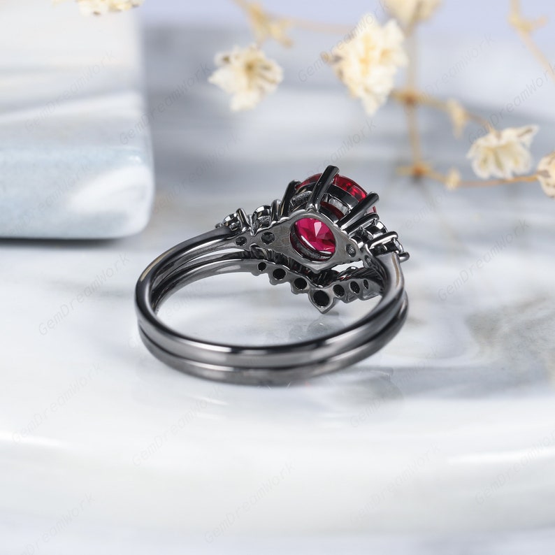 Vintage Round Ruby Black Engagement Ring Set, Unique Ruby and Black ...