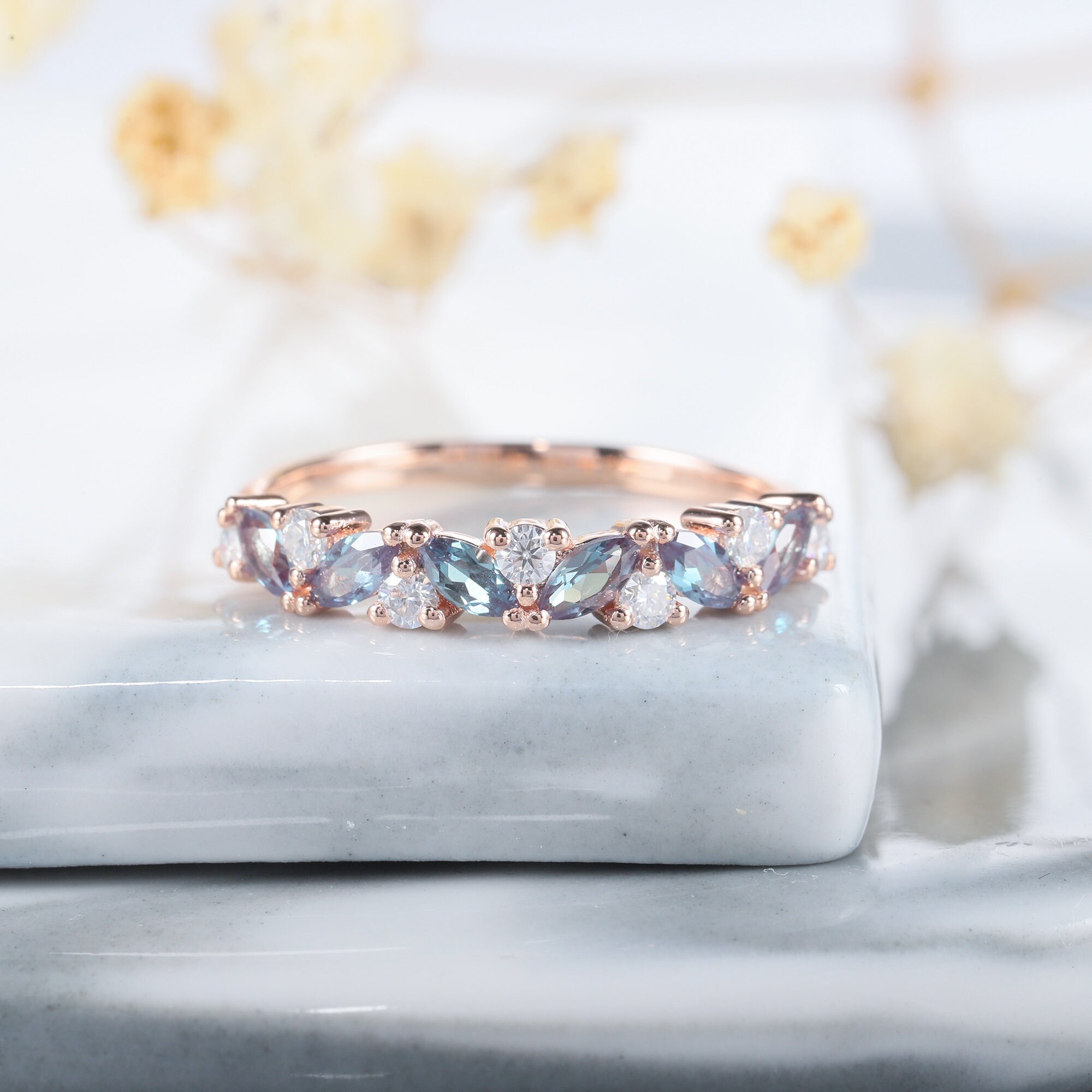 Marquise Alexandrite Wedding Band, 14K Rose Gold Alexandrite Moissanite ...