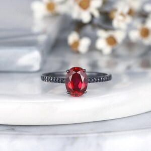Vintage Black Gold Oval Cut Ruby Engagement Ring Set, Unique Rhodium ...
