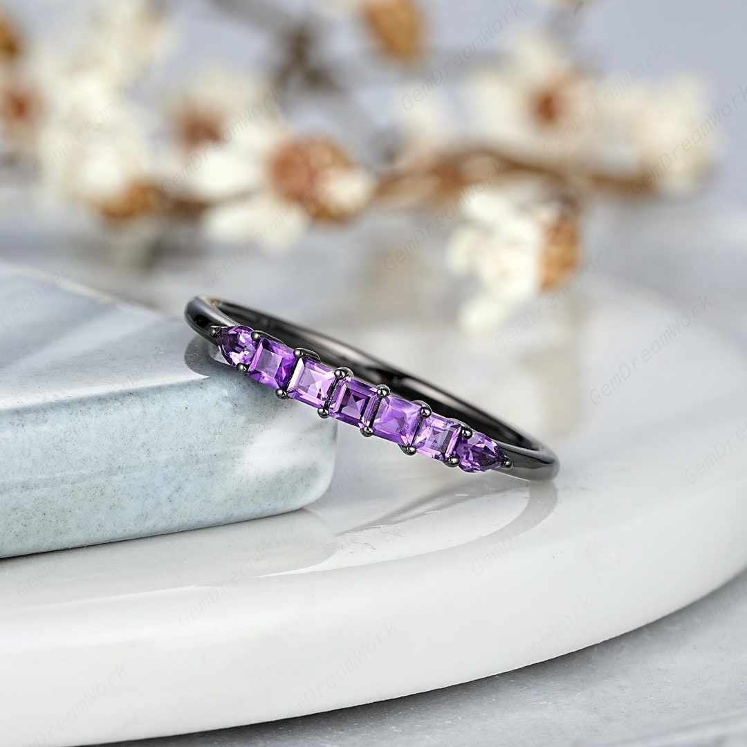 Black Gold Square Cut Amethyst Wedding Ring, Delicate Pear Amethyst ...