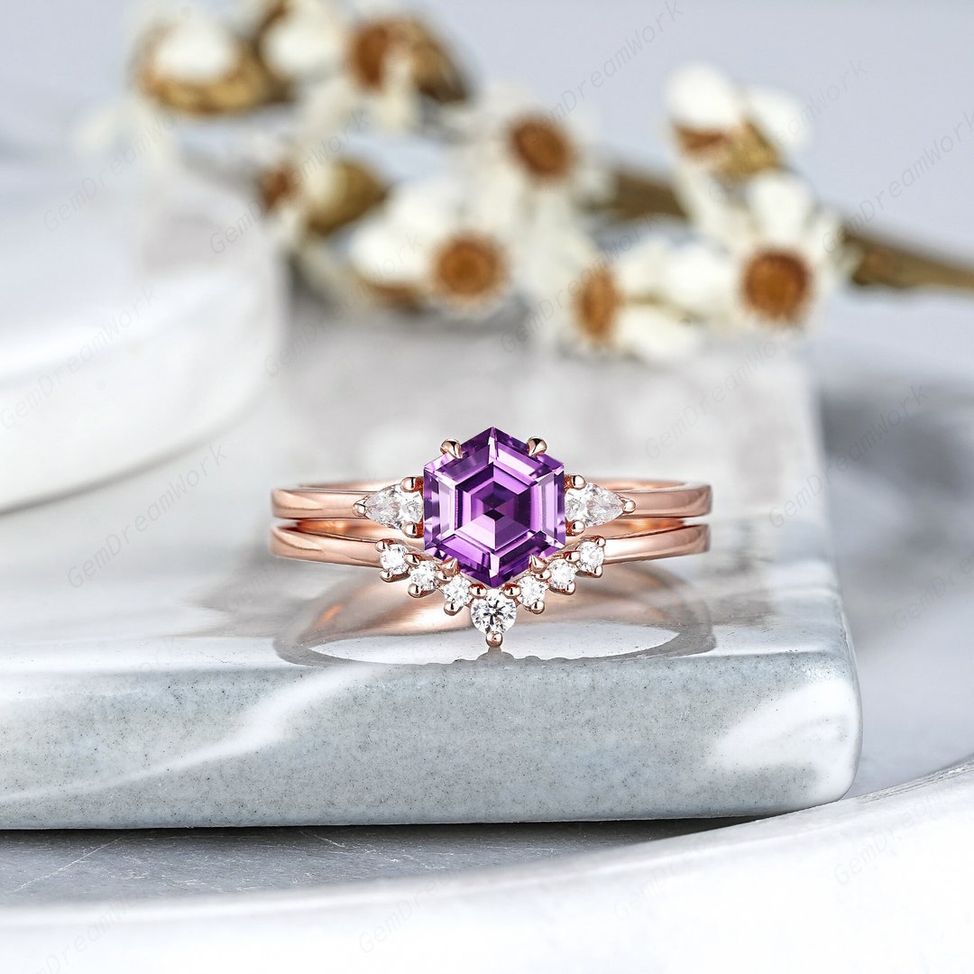 Unique 6mm Hexagon Amethyst Engagement Ring Set, Vintage Amethyst ...