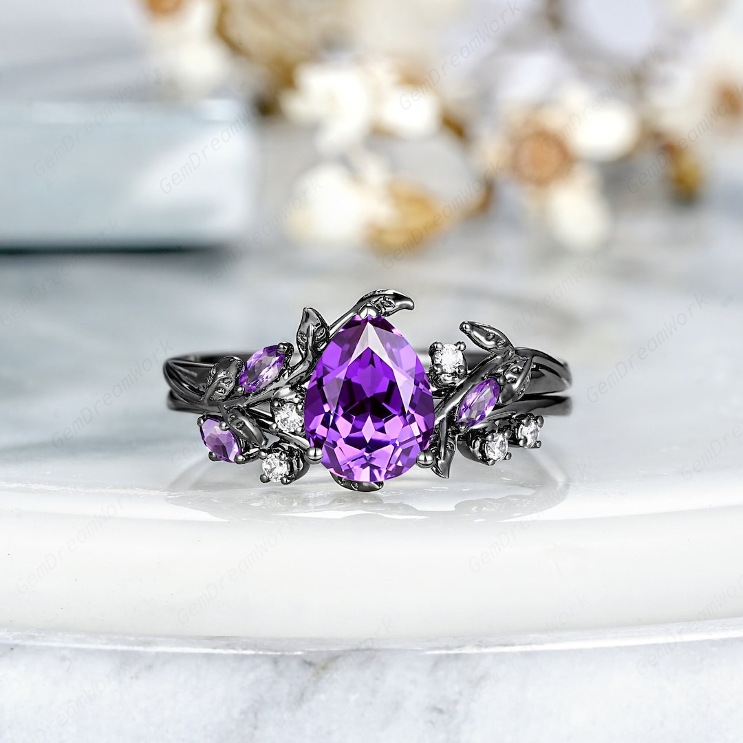 Vintage Pear Cut Purple Sapphire Engagement Ring Set, Leaf Nature ...