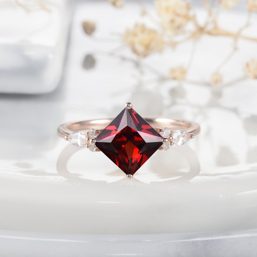 Vintage Princess Cut Garnet Engagement Ring, Unique Rose Gold /silver ...