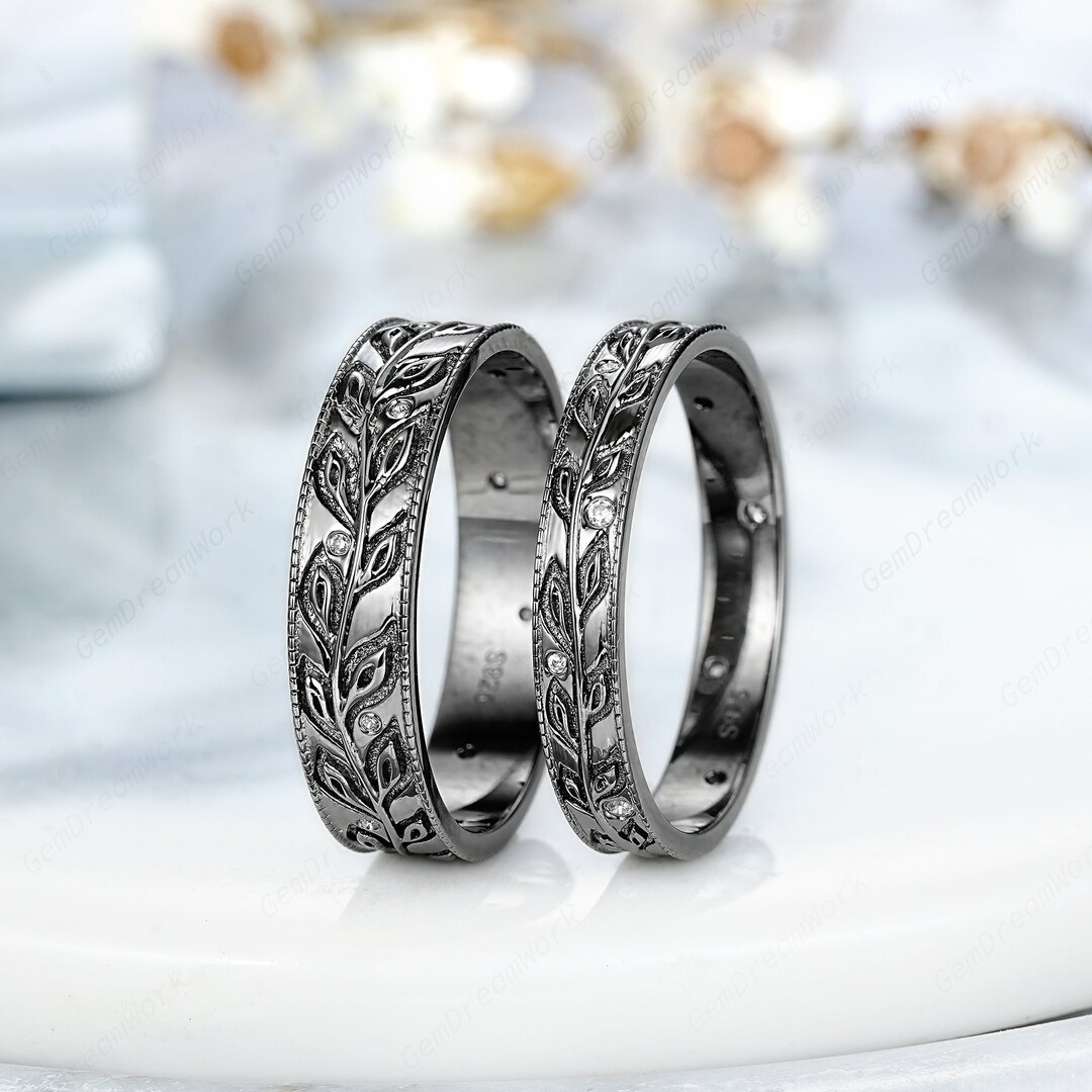 Custom Leaf Branch Black Gold Couple Ring Set, Moissanite Mens Band ...