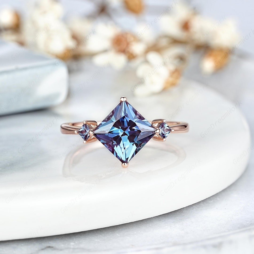 Princess Cut Alexandrite Engagement Ring, Minimalist 3 Stone ...