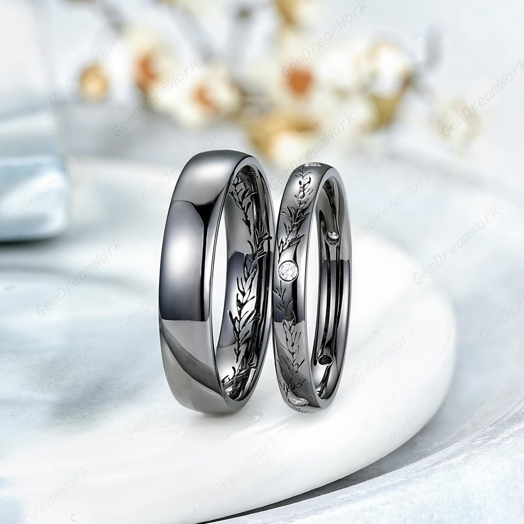 Black Gold Rosemary Nature Inspired Couple Ring Set Diamond Wedding ...