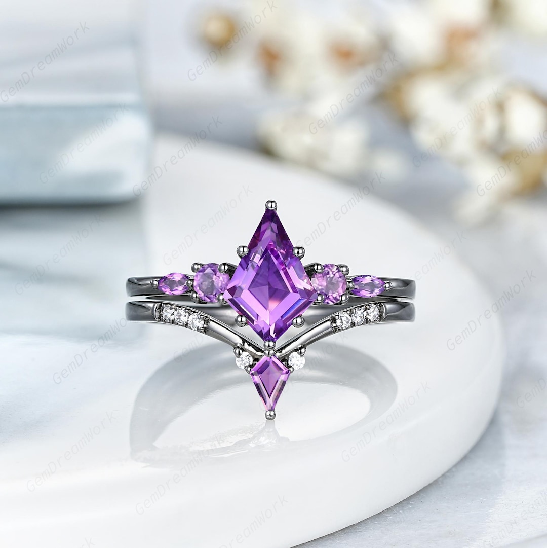 Kite Cut Amethyst Engagement Rings Black Gold Gothic Wedding Ring ...
