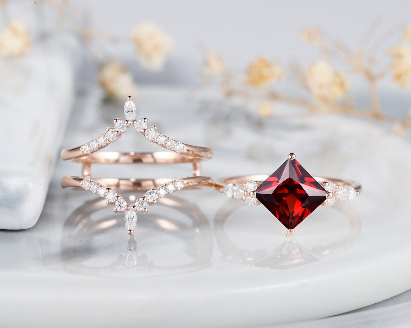 Princess Cut Garnet Wedding Ring Set, Vintage 14k Rose Gold Garnet ...
