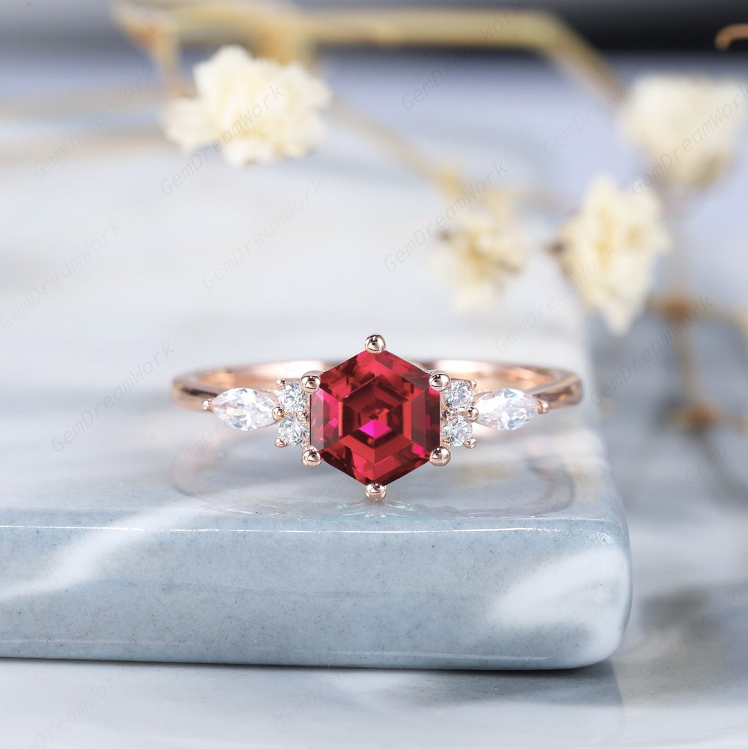 Unique Hexagon Ruby Engagement Ring, Vintage Ruby Wedding Ring, 14K ...