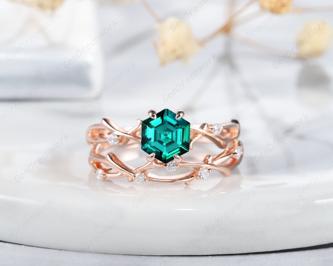 Vintage Hexagon Cut Emerald Bridal Set, Unique 14K Rose Gold Twisted ...