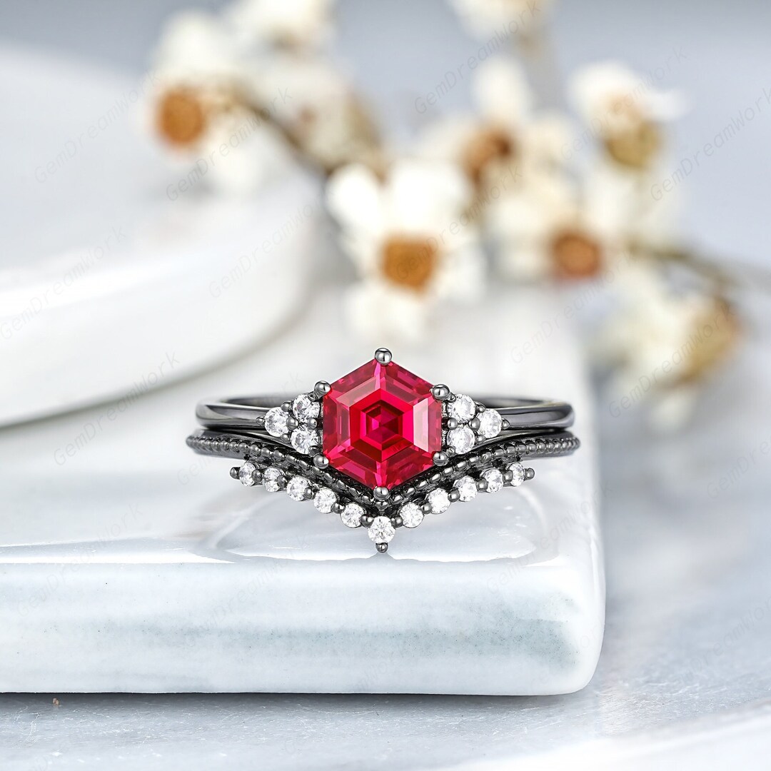 Hexagon Ruby Engagement Rings Set 14k Black Gold Moissanite Cluster Promise Rings Vintage ...
