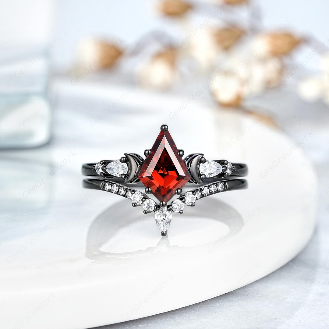 Gothic Kite Cut Garnet Engagement Ring Set Black Gold Moissanite Moon ...