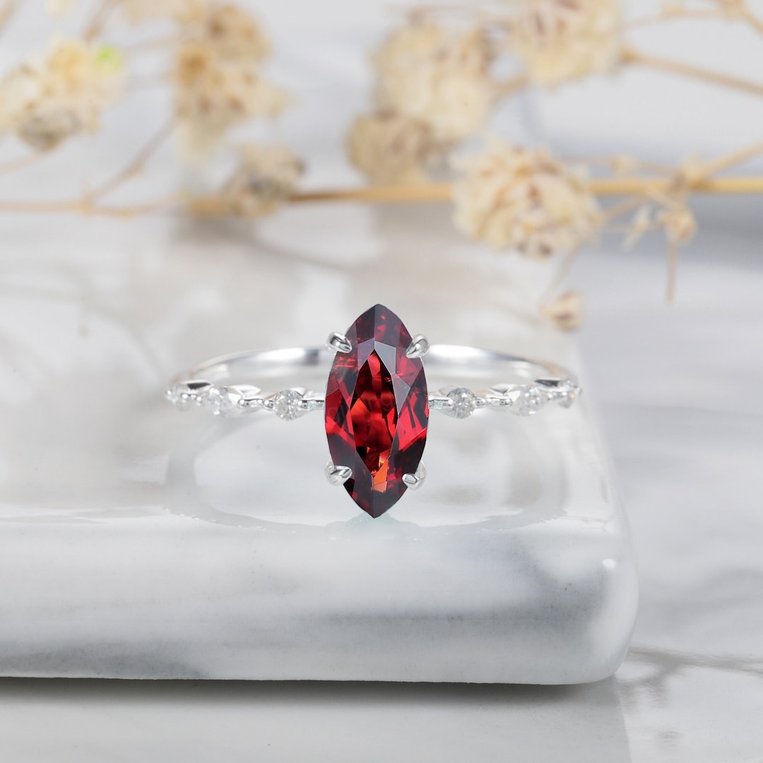 Vintage Marquise Garnet Engagement Ring, Art Deco 14K White Gold or ...
