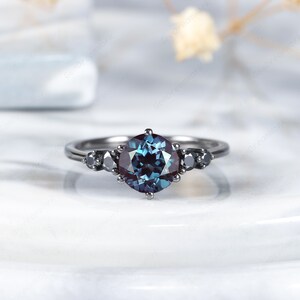 Vintage Round Alexandrite Black Gold Engagement Ring Set, Unique Black ...