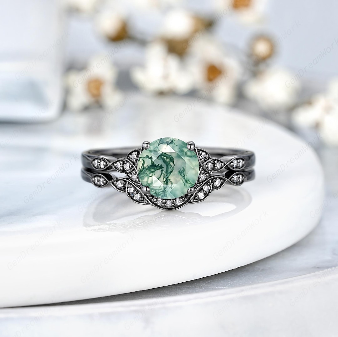 Nature Round Moss Agate Engagement Ring Set Custom Celtic Knot Agate ...