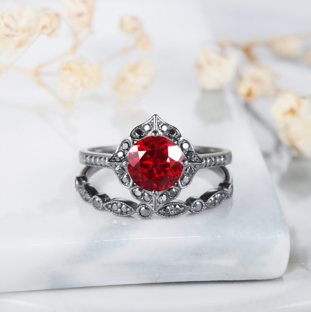 Black Gold Plated Round Lab Ruby Ring Set, Unique Ruby and Black ...