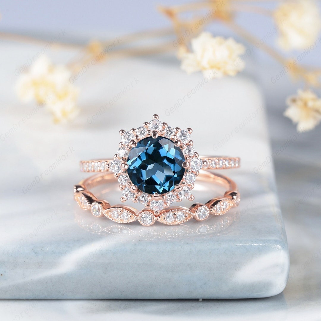 Round Cut London Blue Topaz Bridal Set, Vintage Rose Gold Topaz Halo ...