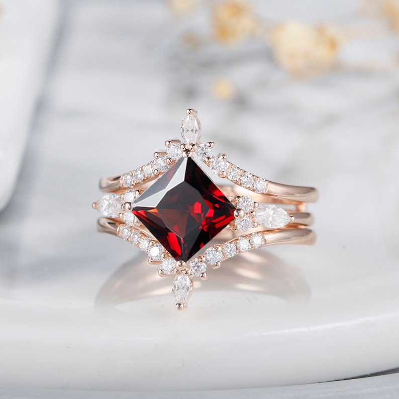 Princess Cut Garnet Wedding Ring Set, Vintage 14k Rose Gold Garnet ...