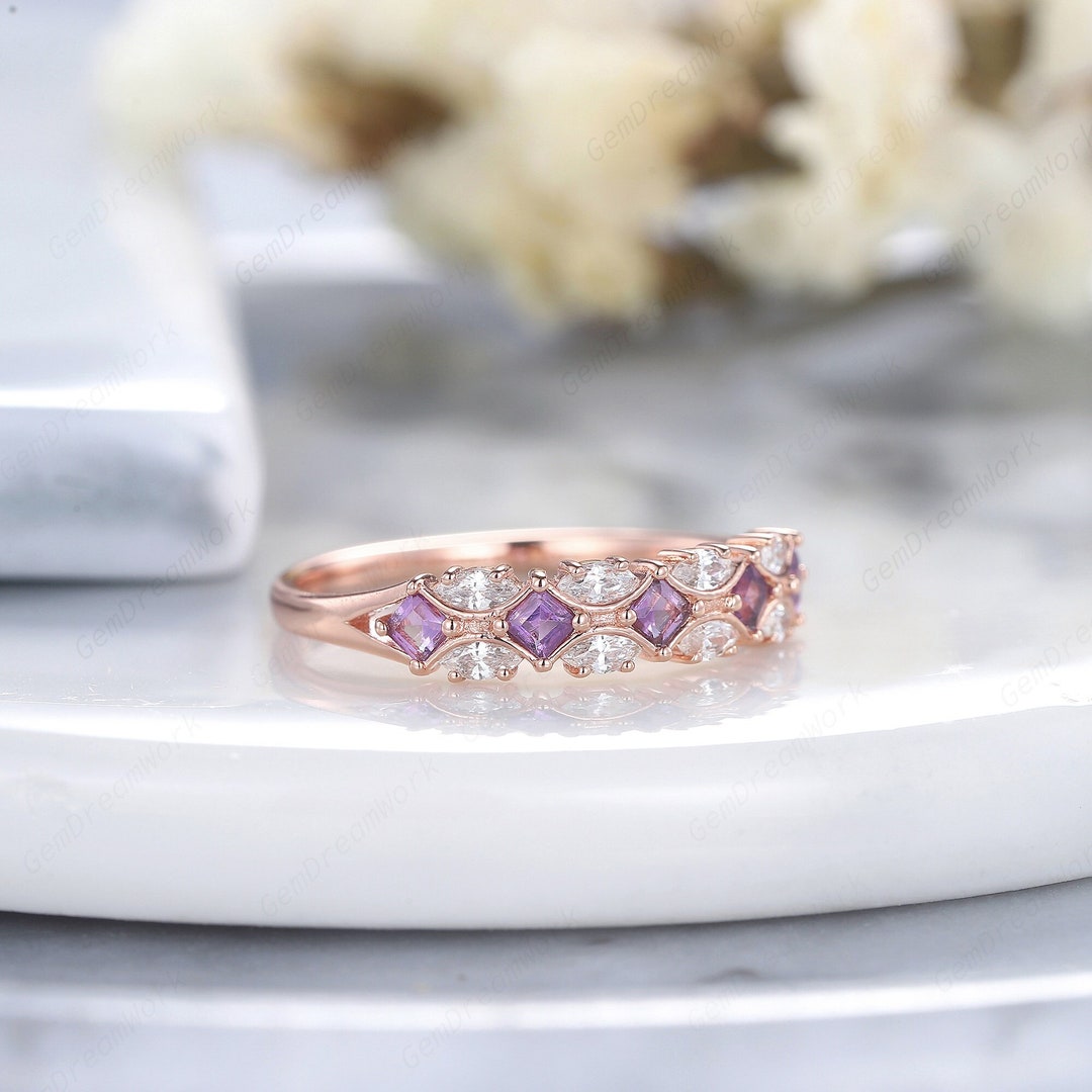 Unique Square Cut Amethyst Straight Wedding Band, Marquise Moissanite ...