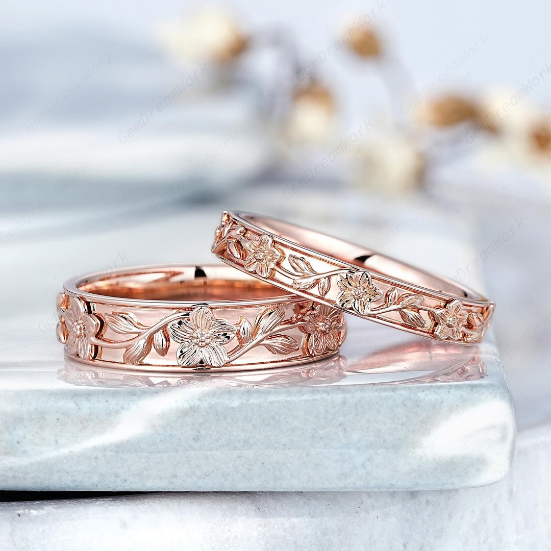 Daffodil Flower Design Couple Rings Set Personalized Leaf Nature ...