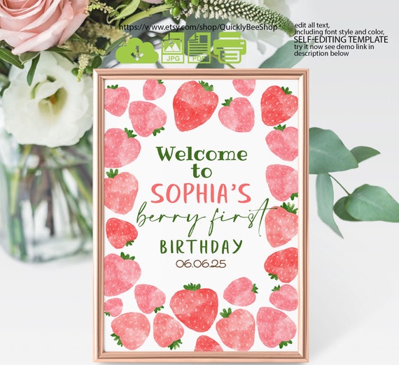 Editable Strawberry Birthday Welcome Sign Strawberry Theme | Etsy