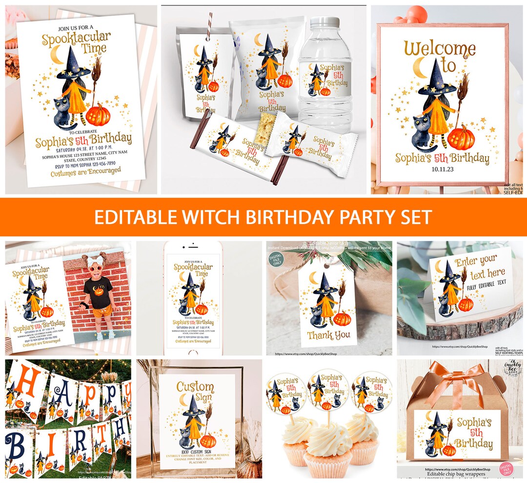 Editable Witch Birthday Invitation Bundle, Halloween Party Package ...