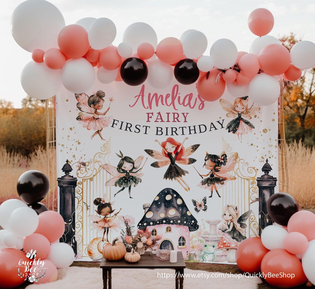 Fairy First Birthday Backdrop, Black & Pink Fairies, Fairy Party ...