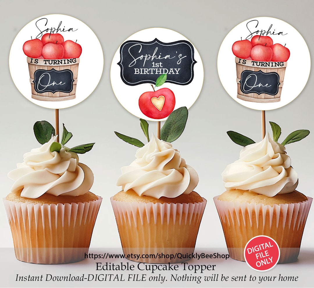 Apple Cupcake Topper Template, Fall Birthday Party Cupcake Editable ...