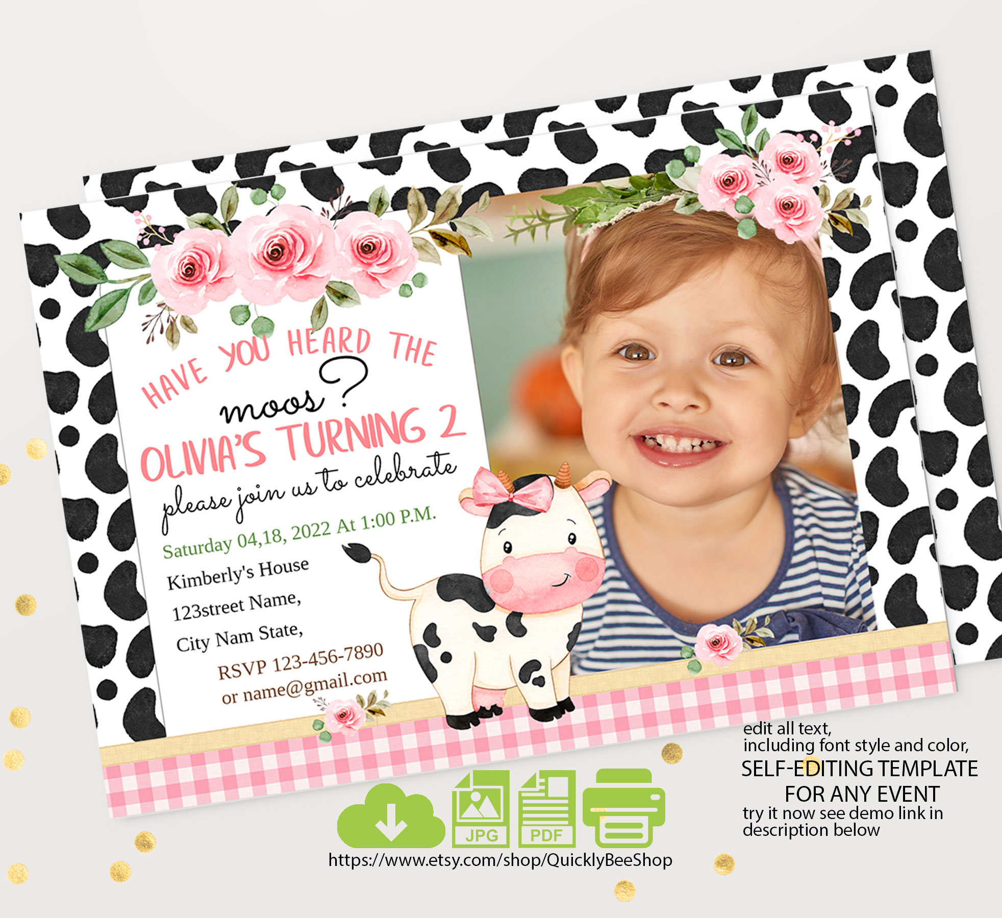 Cow Birthday Invitation With Photo, Editable Template Online, Instant ...