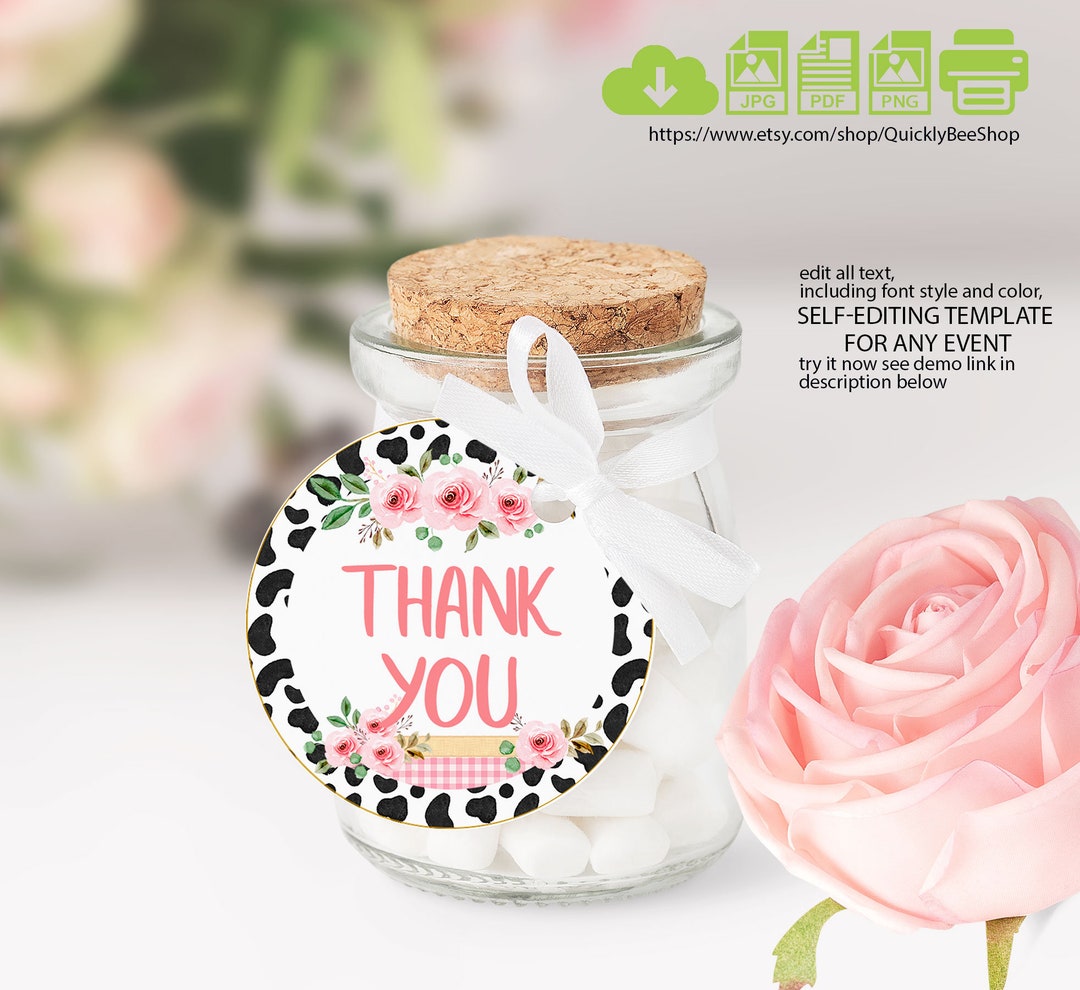 Cow Birthday Favor Roud Tag EDITABLE, Neutral Farm Animals Thank You ...