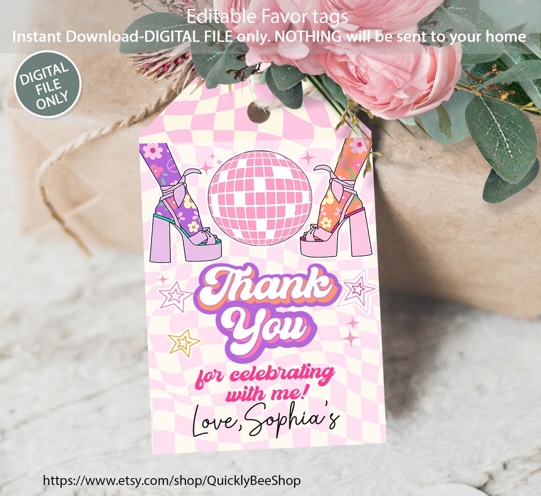 Thank You Gift Tag, Editable Disco Party Favor Tag, Retro Groovy Tag ...